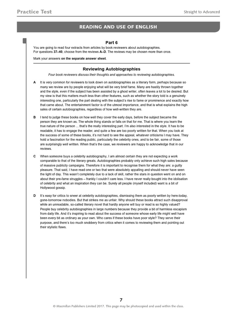 Advanced Practice Test Reading and Use of English Part 6 | PDF
