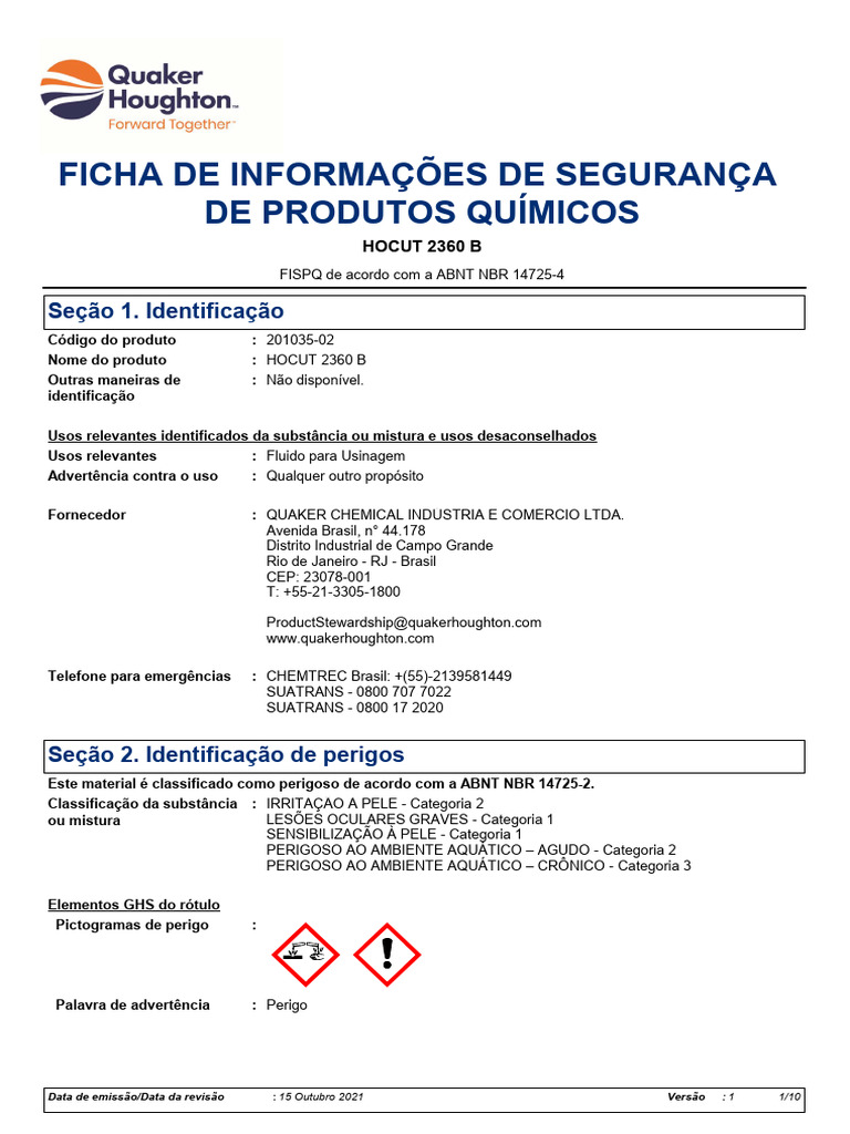 FISPQ HOCUT 2360 B - Quaker Houghton | PDF | Desperdício | Dióxido de ...