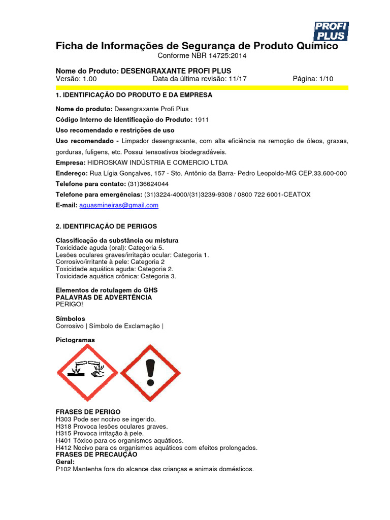 FISPQ - Desengraxante Profi Plus | PDF | Química | Embalagem e rotulagem