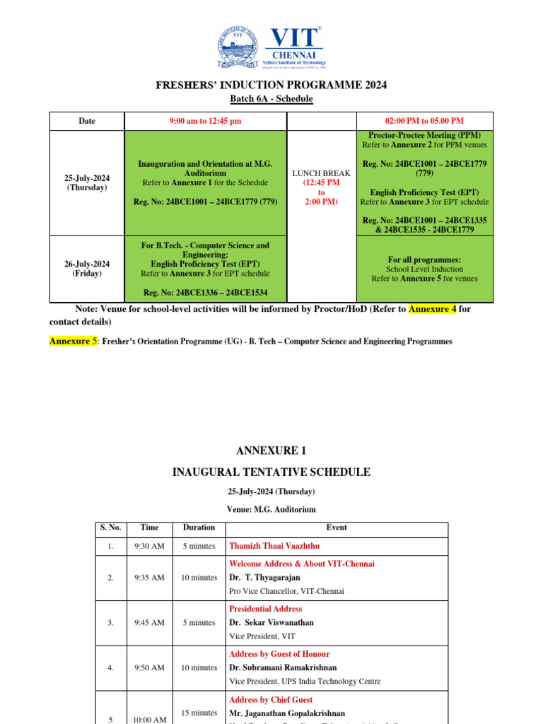 VIT Freshers Induction Schedule 2024 | PDF | Engineering | Science
