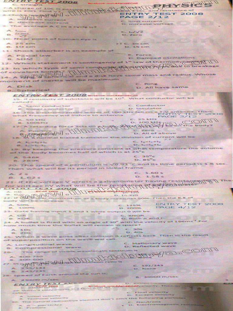 UET Lahore ECAT Entrance Test 2008 Physics | PDF