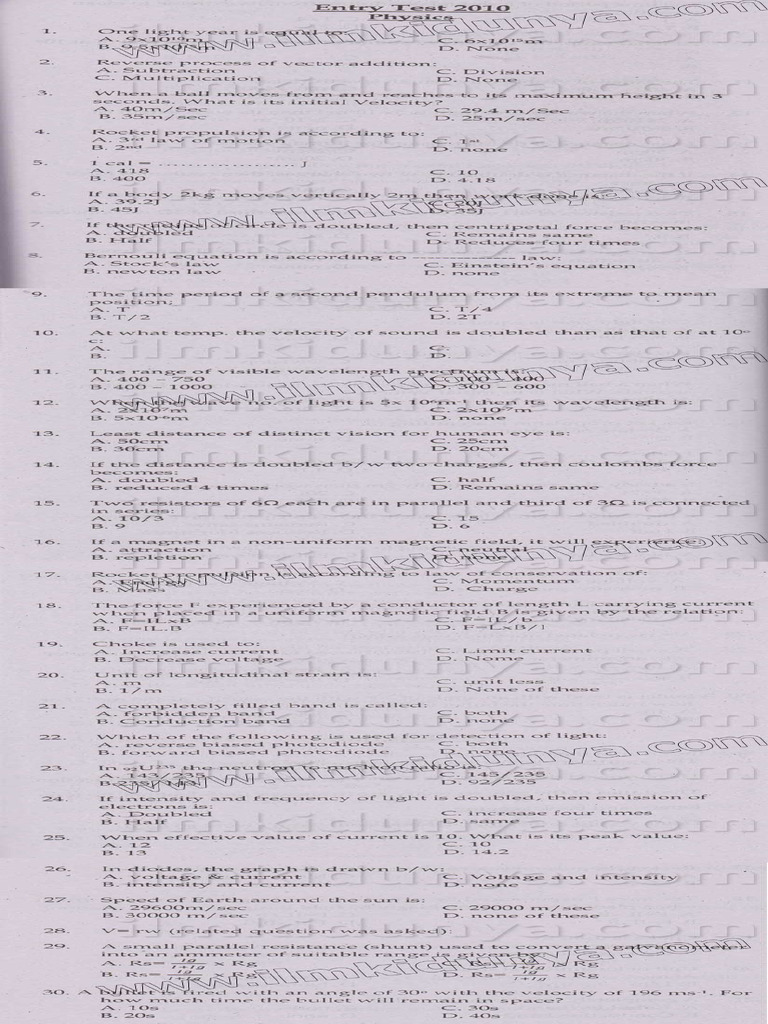 UET Lahore ECAT Entrance Test 2010 Physics | PDF