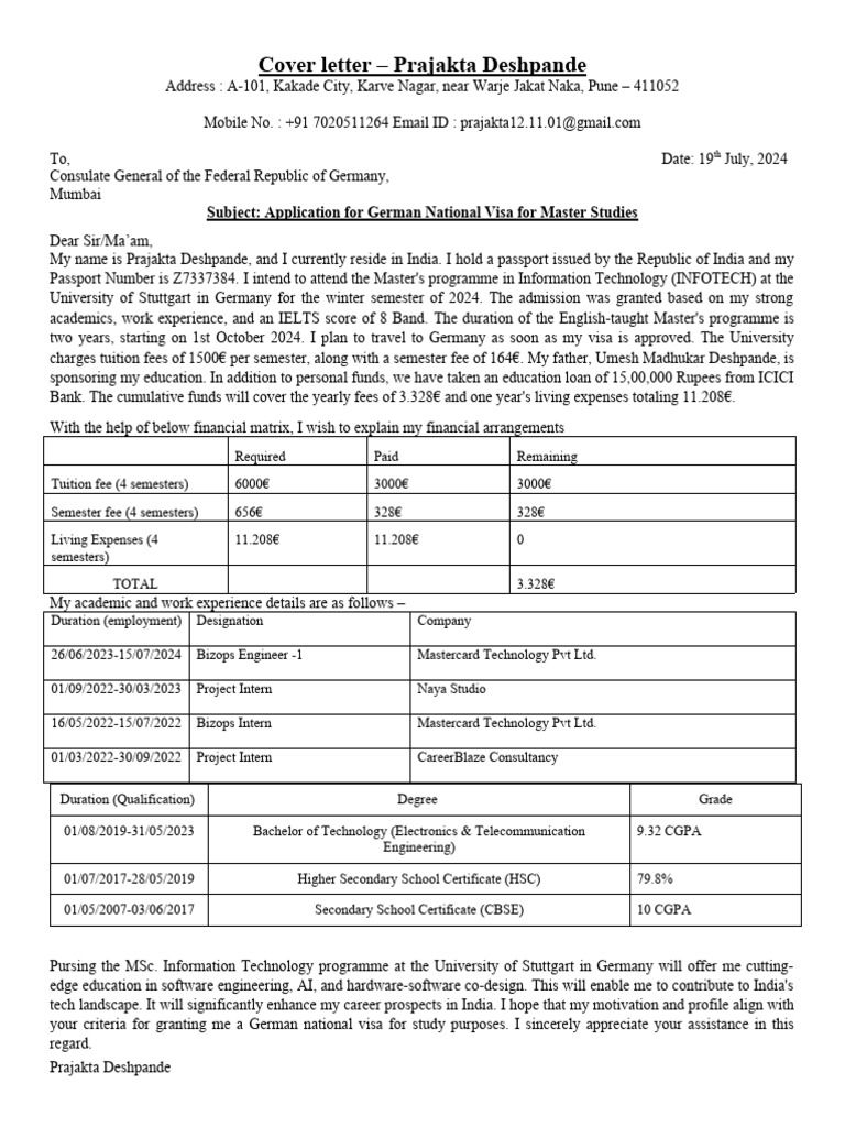 Prajakta Deshpande Cover Letter PDF | PDF | Travel Visa | Educational ...