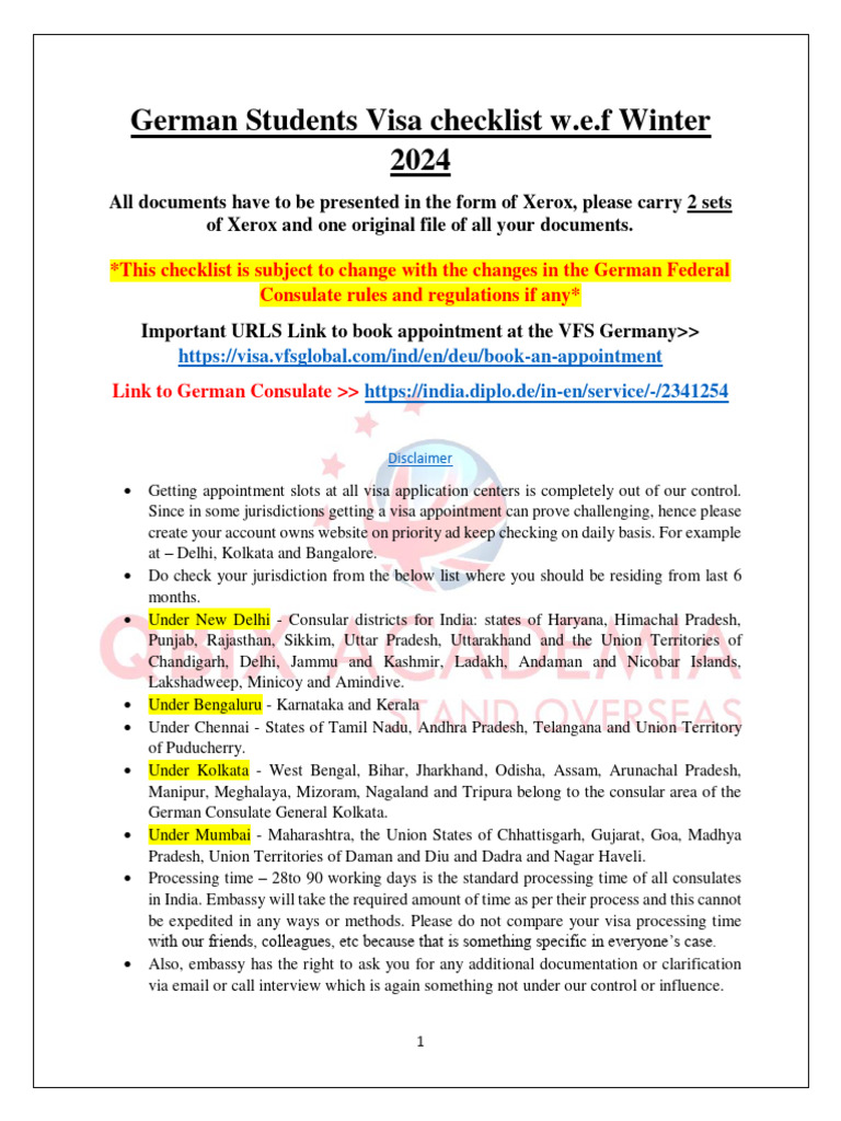Germany Student Visa Checklist 2024 | PDF