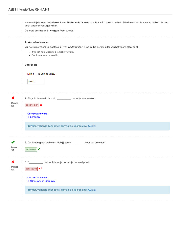 A2B1 Intensief Les 09 NIA H1 | PDF