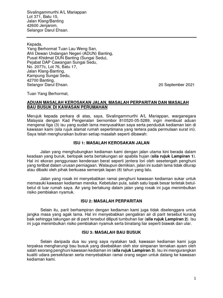 SURAT ADUAN_Kerosakan Jalan, Masalah Perparitan dan Bau Busuk | PDF