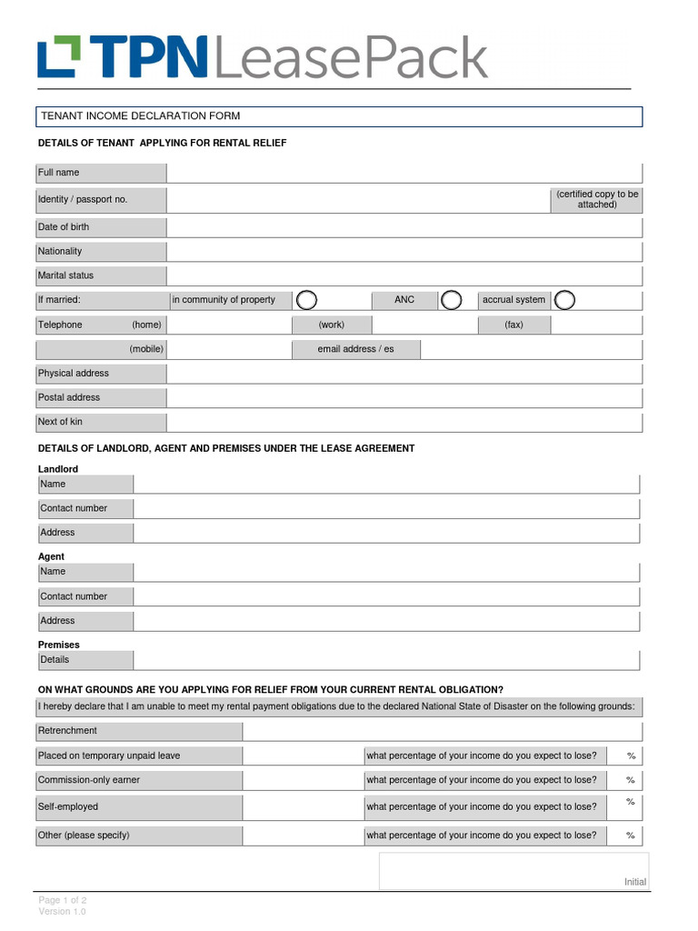 Tenant Income Relief Application Form | PDF | Landlord | Leasehold Estate