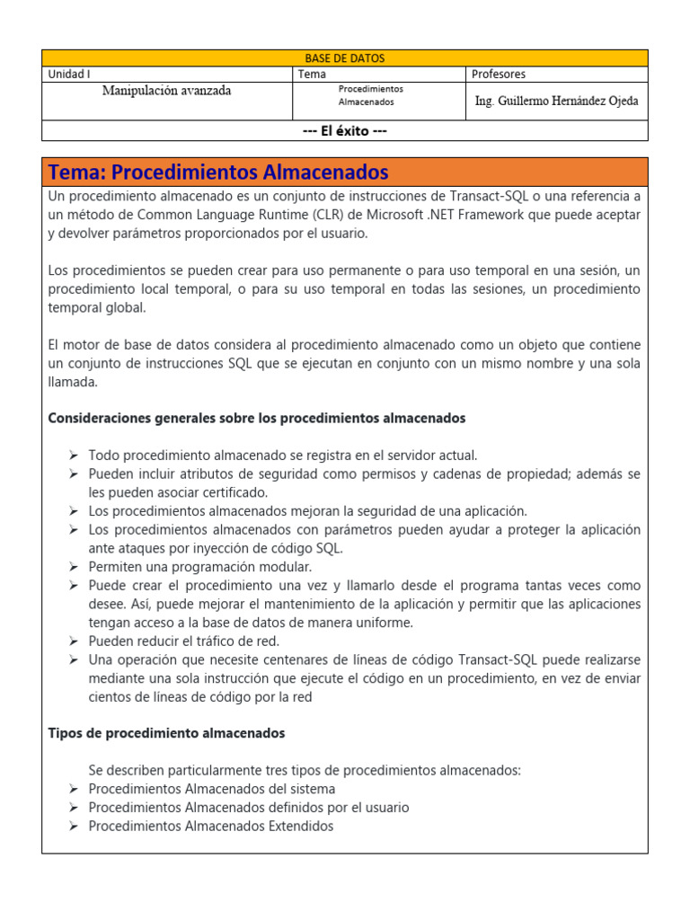 Procedimientos Almacenados SQL | PDF | SQL | Bases de datos