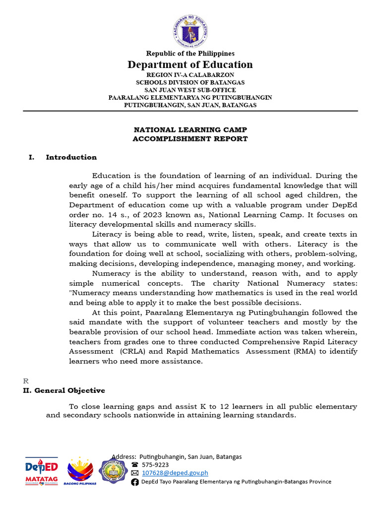 NATIONAL-LEARNING-CAMP-ACCOMPLISHMENT-REPORT Ok | PDF | Learning | Literacy