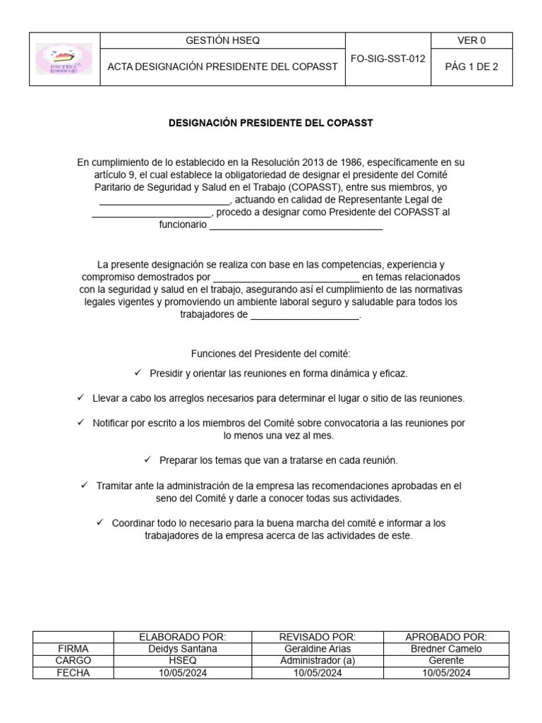 Acta Designación Presidente Del Copasst Fo-Sig-Sst-012 | PDF | Gobierno