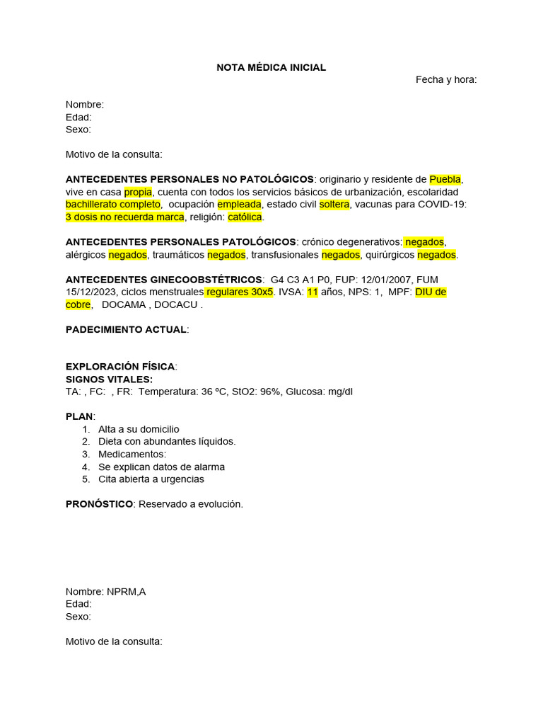 Nota Médica Inicial | PDF | Causas de la muerte | Medicina