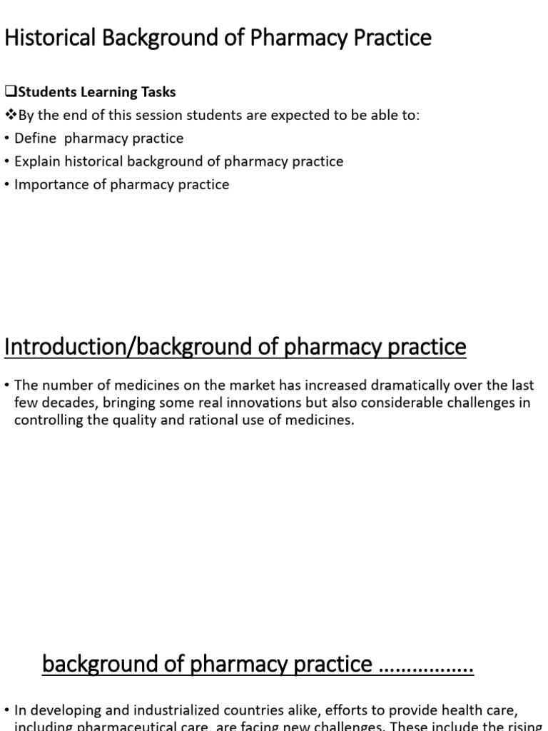 Historical Overview of Pharmacy Practice | PDF | Pharmacy | Medical ...