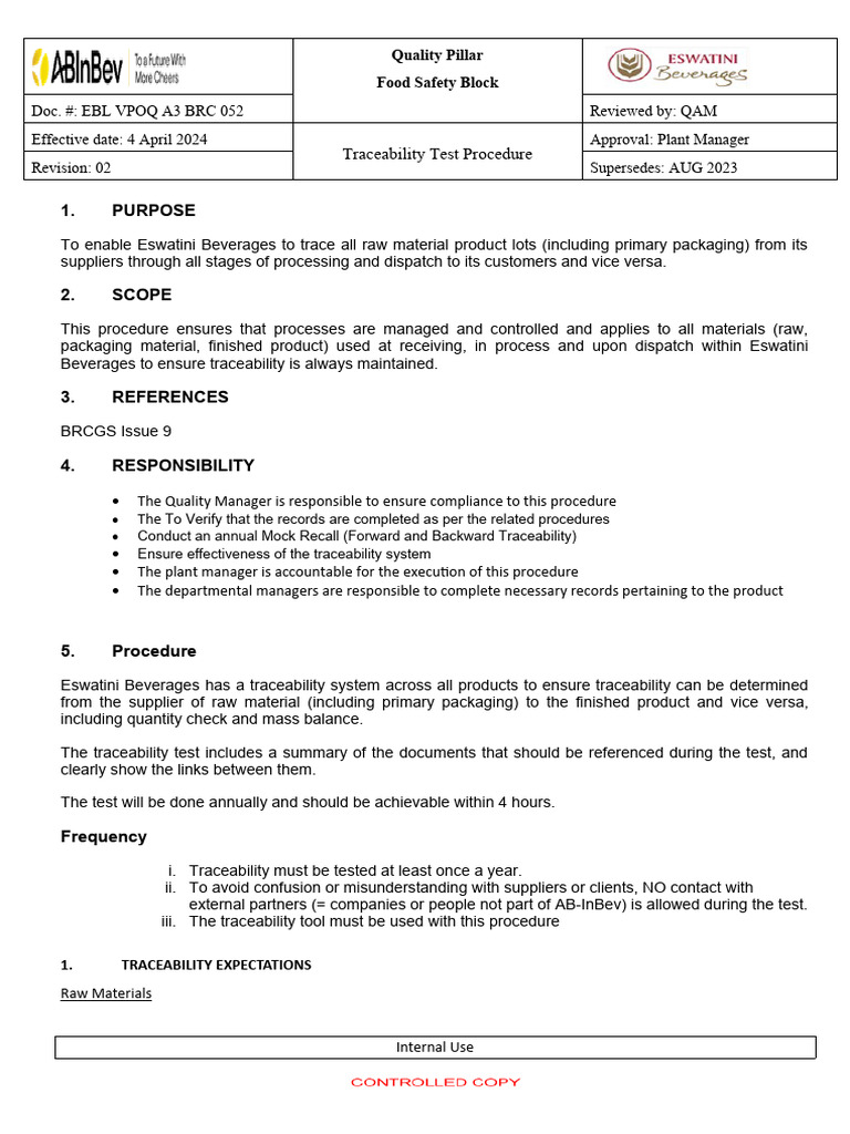 EBL VPOQ A3 BRC 052 - Traceability Test Procedure | PDF | Brewing ...