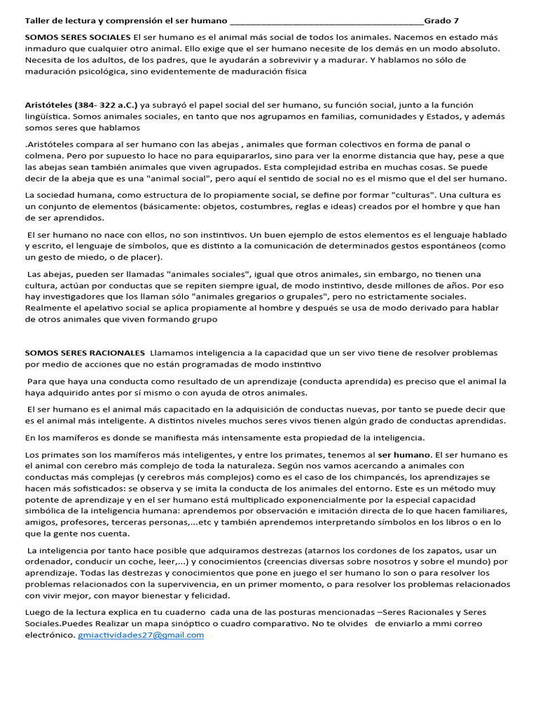 Taller de Lectura y Comprensión El Ser Humano | PDF | Humano | Inteligencia