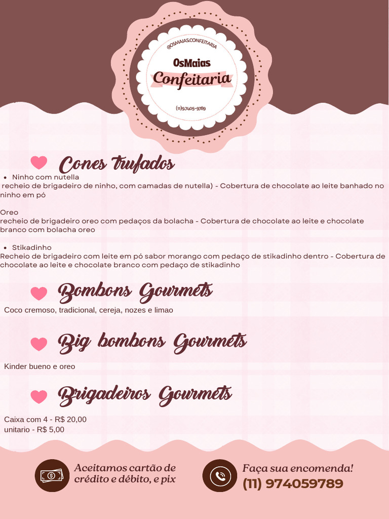 Cardápio de bolos confeitaria moderno rosa marrom menu | PDF