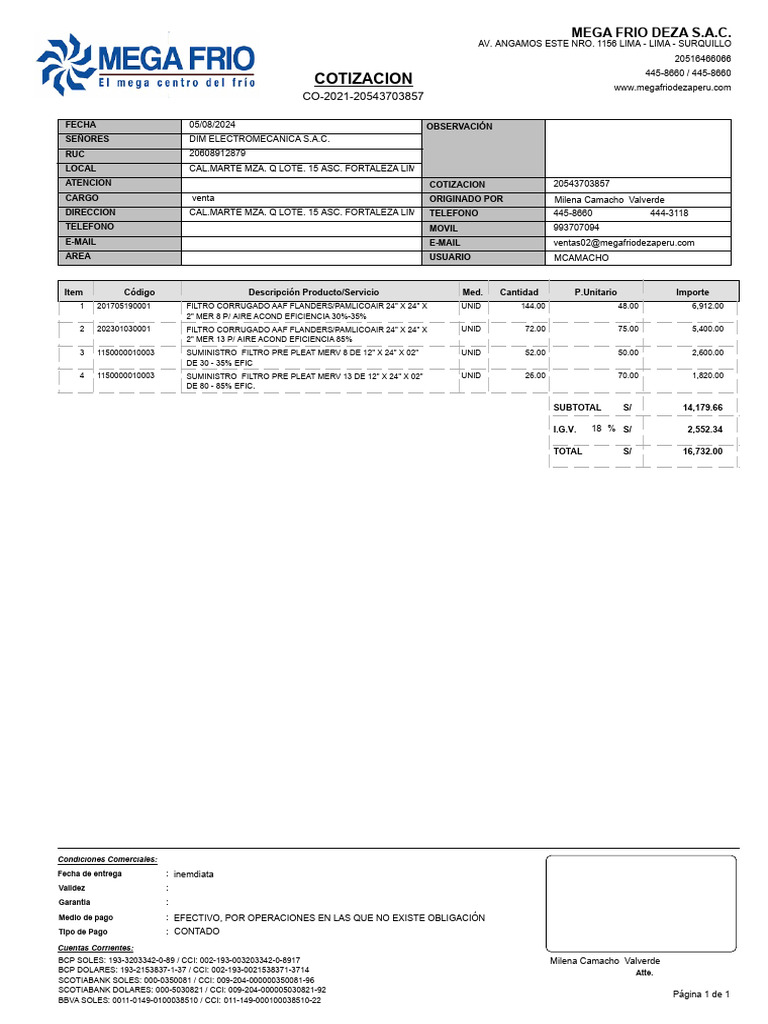 Cotización Filtros Aire Acondicionado | PDF