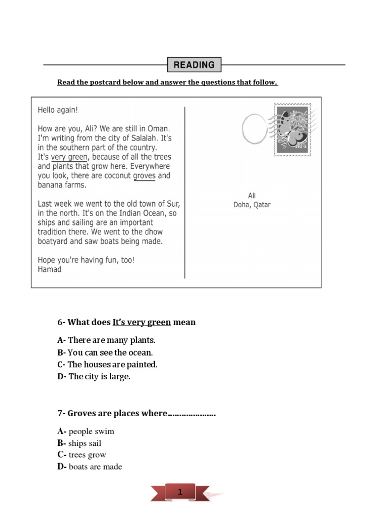 E Questions That Follow. Read The Postcard Below and Answer TH | PDF ...