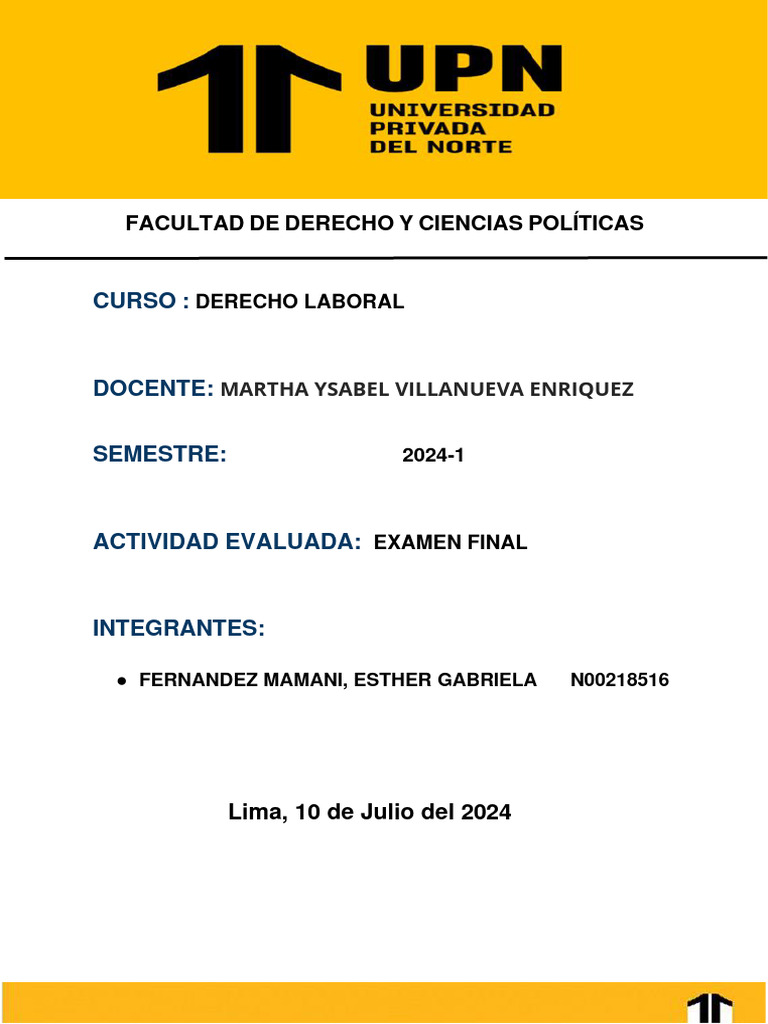 Carátula Examen Final Derecho Laboral | PDF | Ciencias sociales