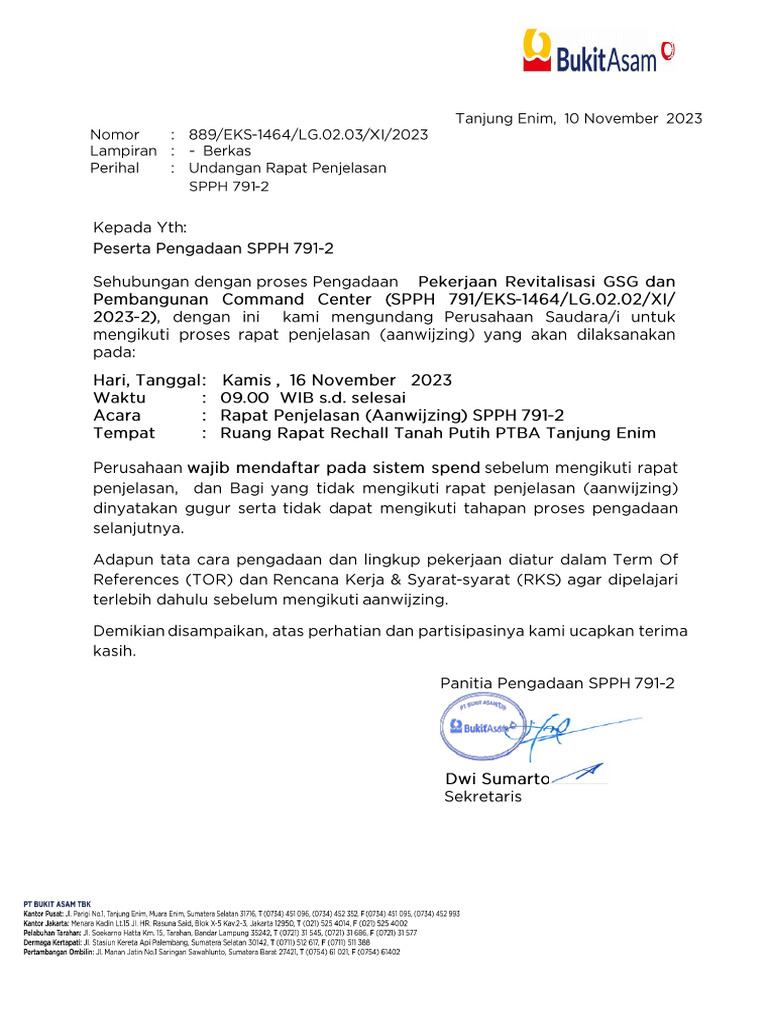Undangan Aanwijzing SPPH 791-2 | PDF