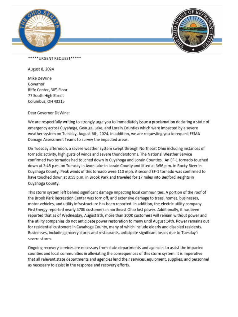 DeWine Ohio General Assembly Delegation - Storm Assistance Letter | PDF ...
