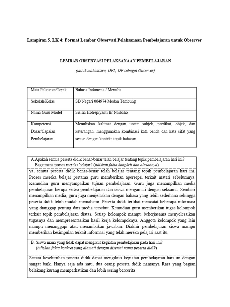 01.05.6-B4-13-Unggah LK 4-Lembar Observasi Pembelajaran Observer-Siklus 4 | PDF