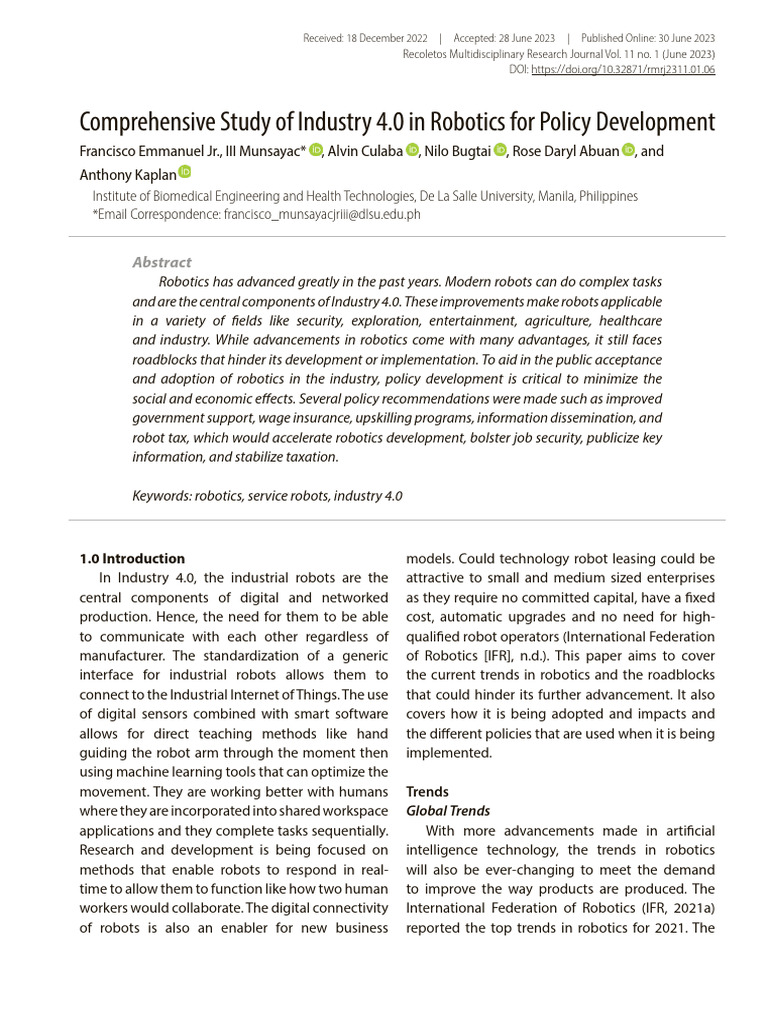 Comprehensive Study of Industry 4.0 in Robotics For Policy Development | PDF | Robotics | Robot