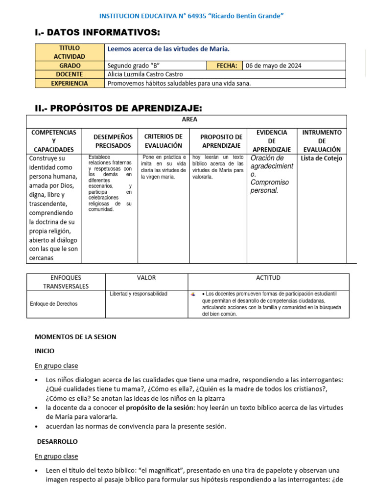 Religion 4 Leemos acerca de las virtudes de María. | PDF | María, madre de Jesús | Evaluación