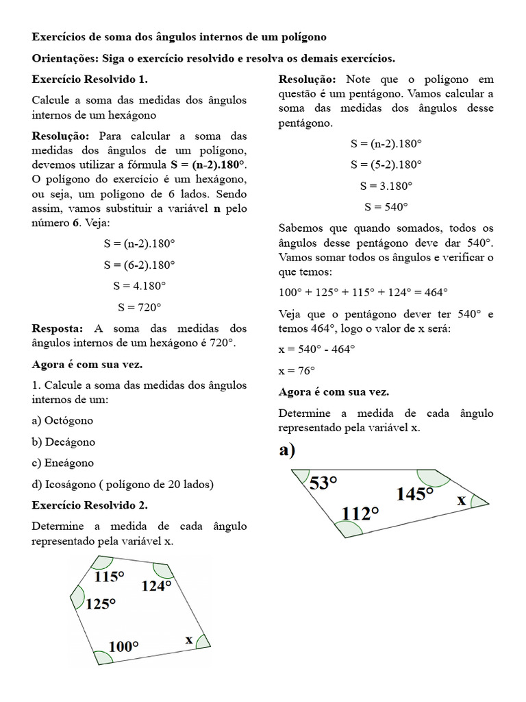 Exercicios de Soma Dos Angulos Internos de Um Poligono-1 | PDF | Polígono | Geometria do Plano ...