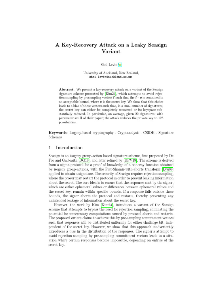 A Key-Recovery Attack On A Leaky Seasign Variant | PDF | Cryptography | Theoretical Computer Science