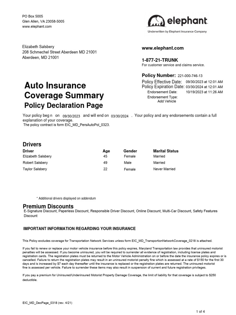 MD Policy Declarations Page | PDF | Insurance | Vehicle Insurance