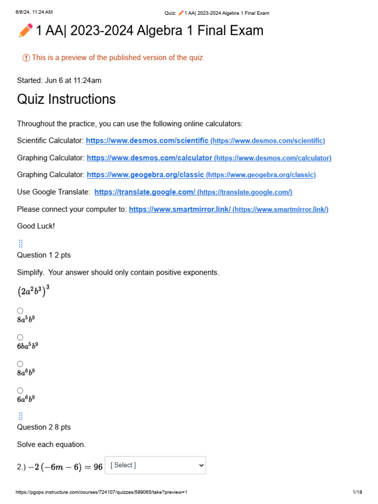 Algebra 1 and SAT 2023-2024 Algebra 1 Final Exam | PDF | Algebra ...