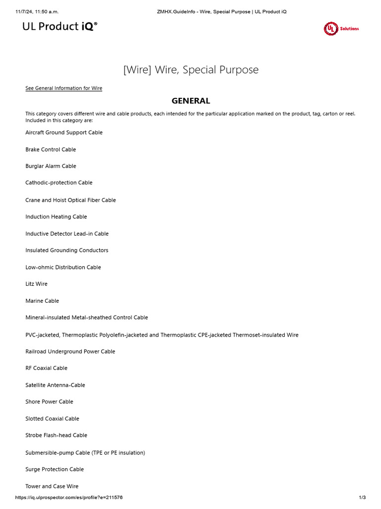 ZMHX - GuideInfo - Wire, Special Purpose - UL Product Iq | PDF | Cable Television | Wire