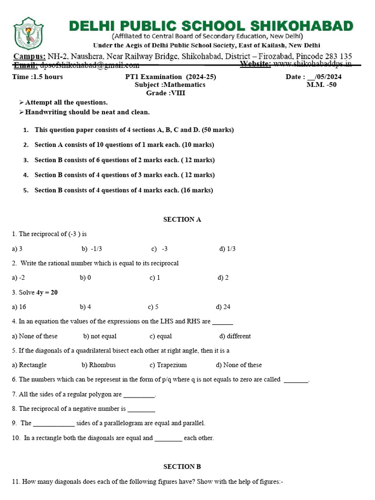 PT1 Maths G 8 24-25 1 | PDF | Rectangle | Mathematics
