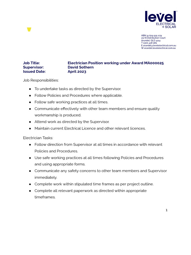 Position Description - Electrician 2023 | PDF | Electrician