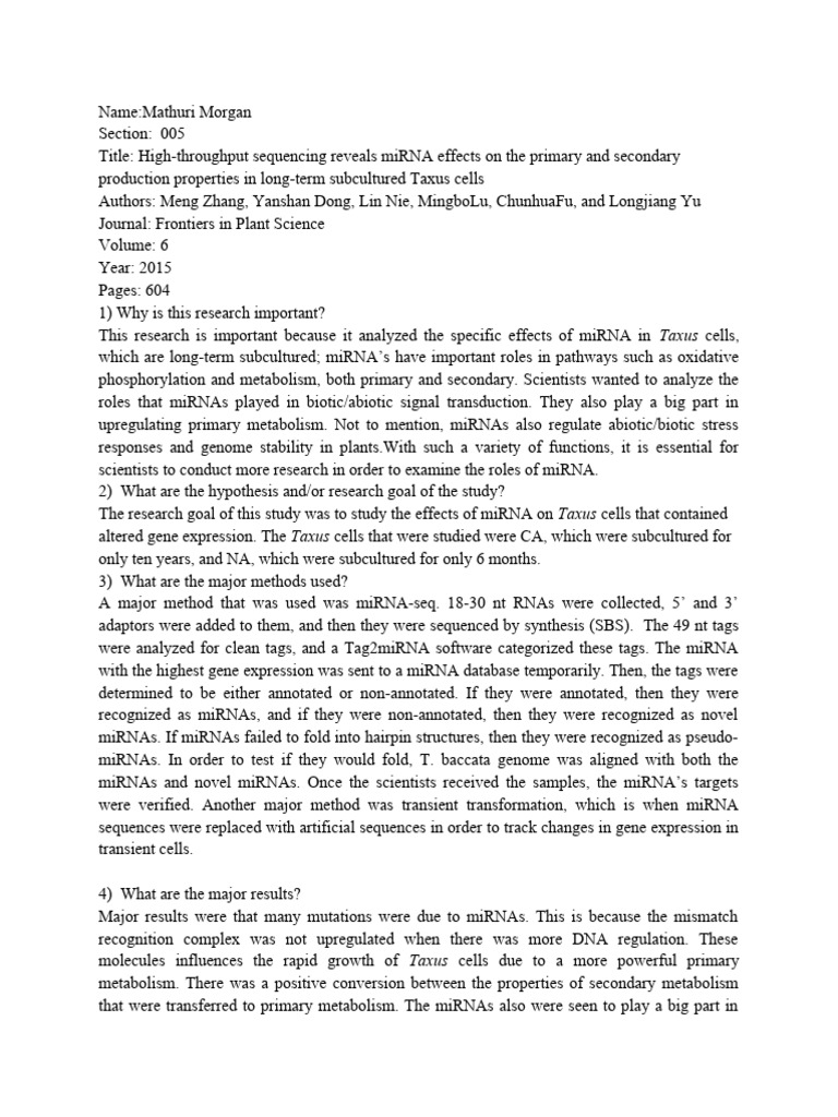 miRNA Impact on Taxus Cell Metabolism | PDF | Micro Rna | Gene Expression