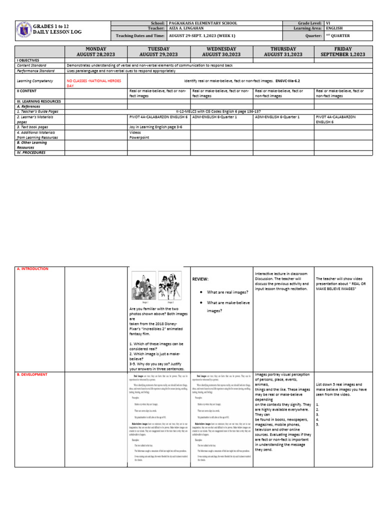 DLL English 6 Q1 W1 | PDF | Learning | Nonverbal Communication