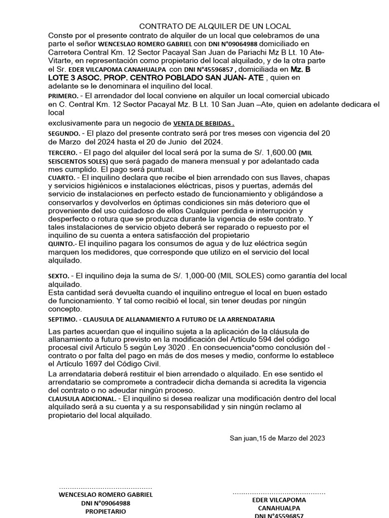 Contrato de Alquiler de Un Local KLLLL | PDF