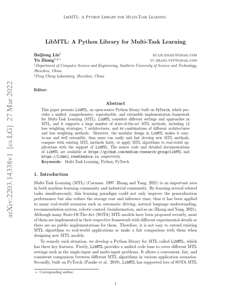 LibMTL: Python Multi-Task Learning Library | PDF | Artificial Neural Network | Python ...