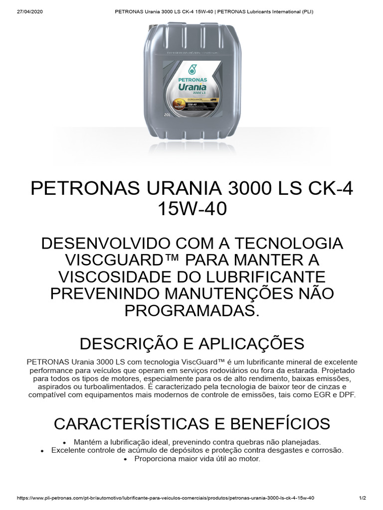 PETRONAS Urania 3000 LS CK-4 15W-40 _ PETRONAS Lubricants International (PLI) | PDF