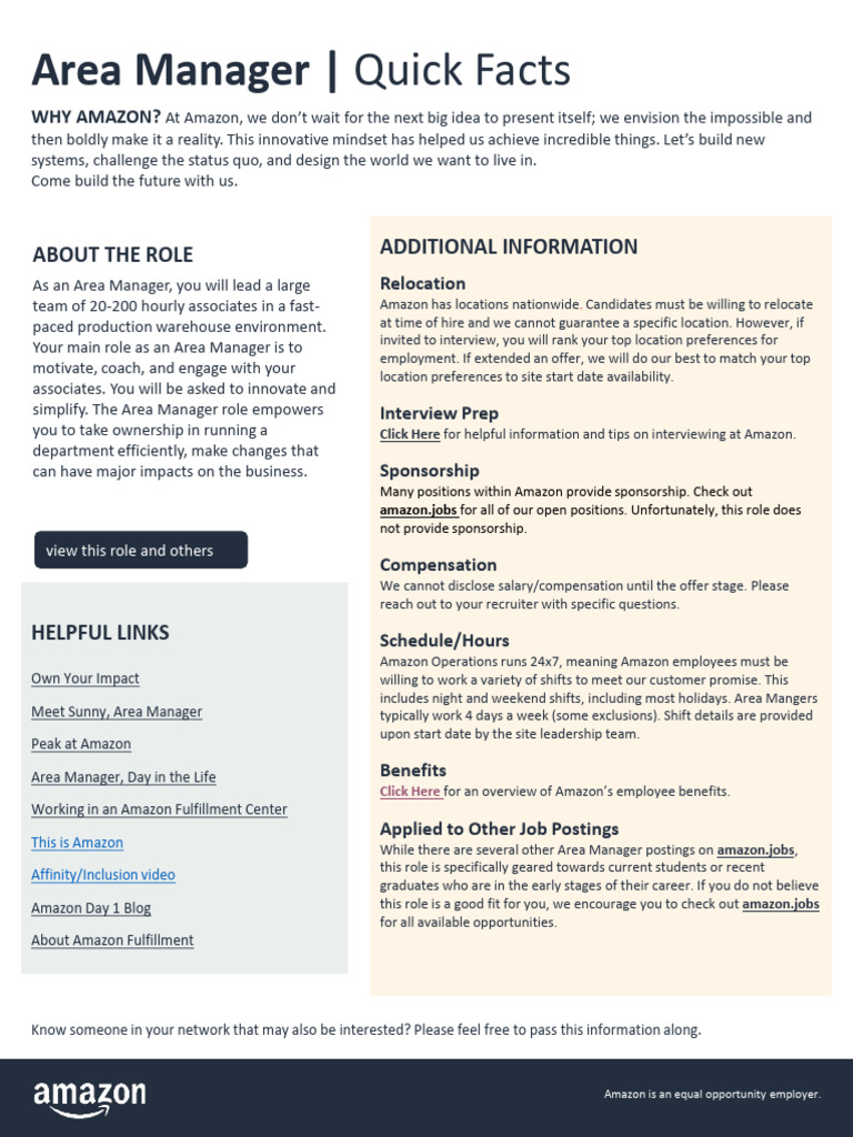 Area Manager FT Quick Facts Sheet 2023 | PDF | Employment | Business