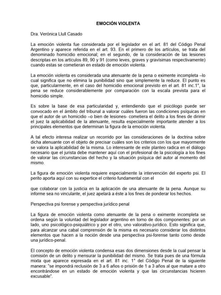 Homicidio y emoción violenta en el derecho | PDF | Las emociones ...
