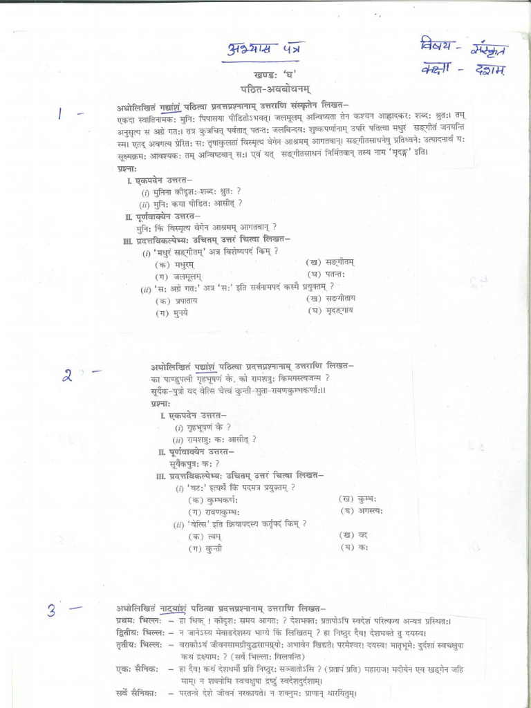 CBSE Class 10 Sanskrit Worksheet - Revision Worksheet | PDF