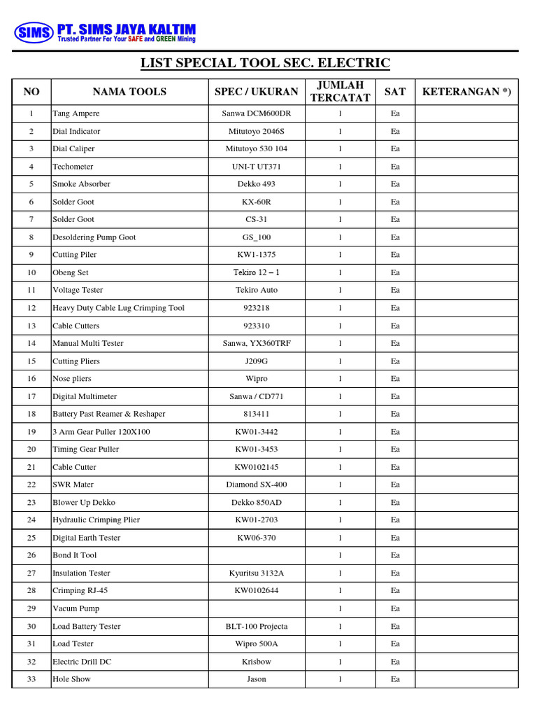 (230228) List Special Tool Sec. Electric | PDF | Electrical Engineering ...