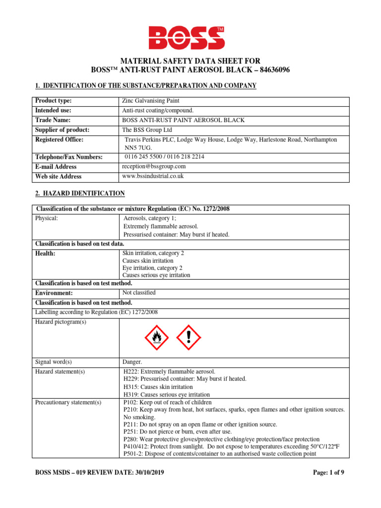 BOSS Anti-Rust Paint MSDS 2019 | PDF | Chemistry