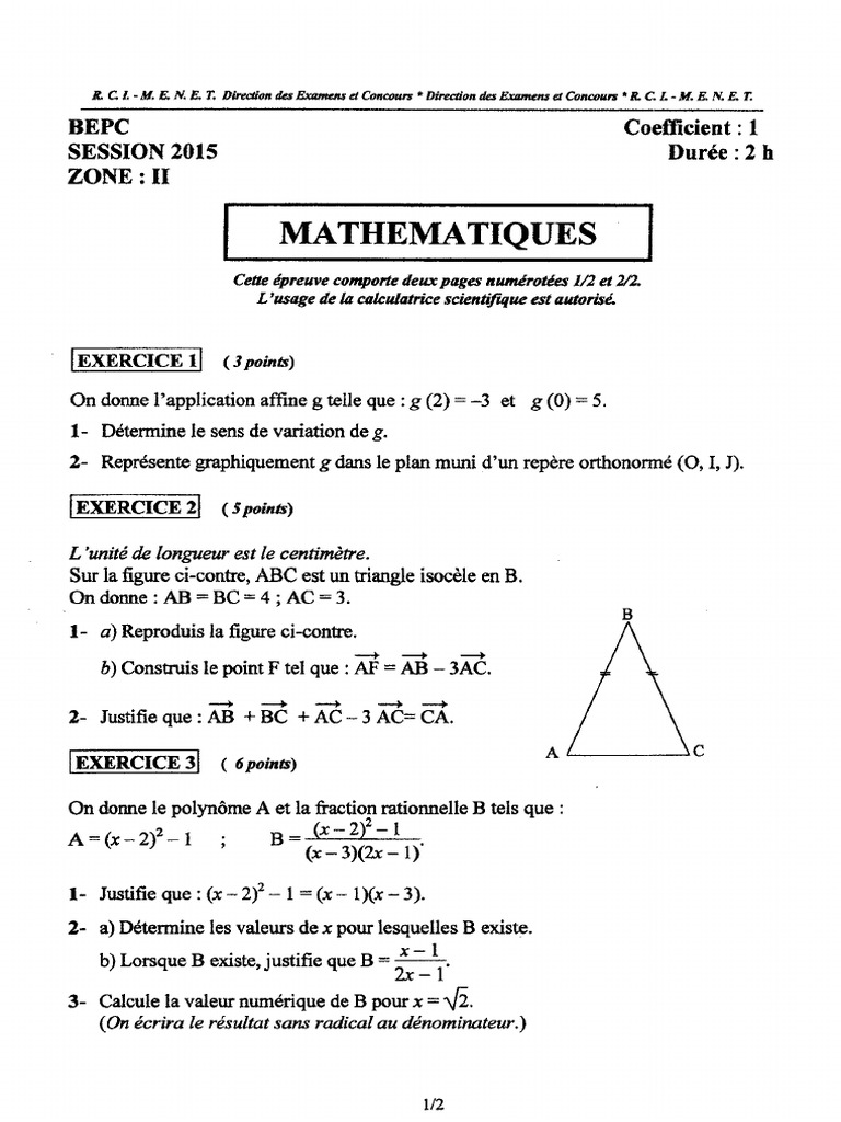 Bepc Z2 Math 2015 | PDF
