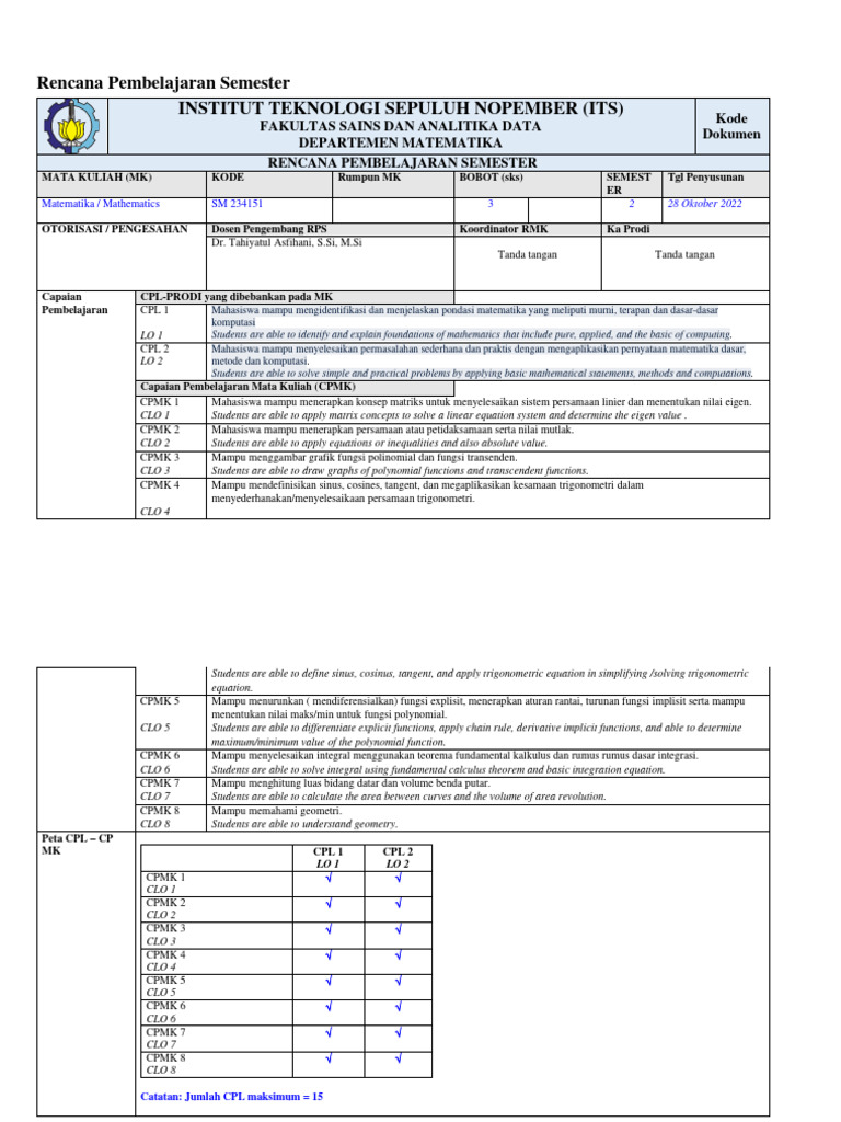 RPS Matematika SM234151 | PDF | Trigonometric Functions | Integral