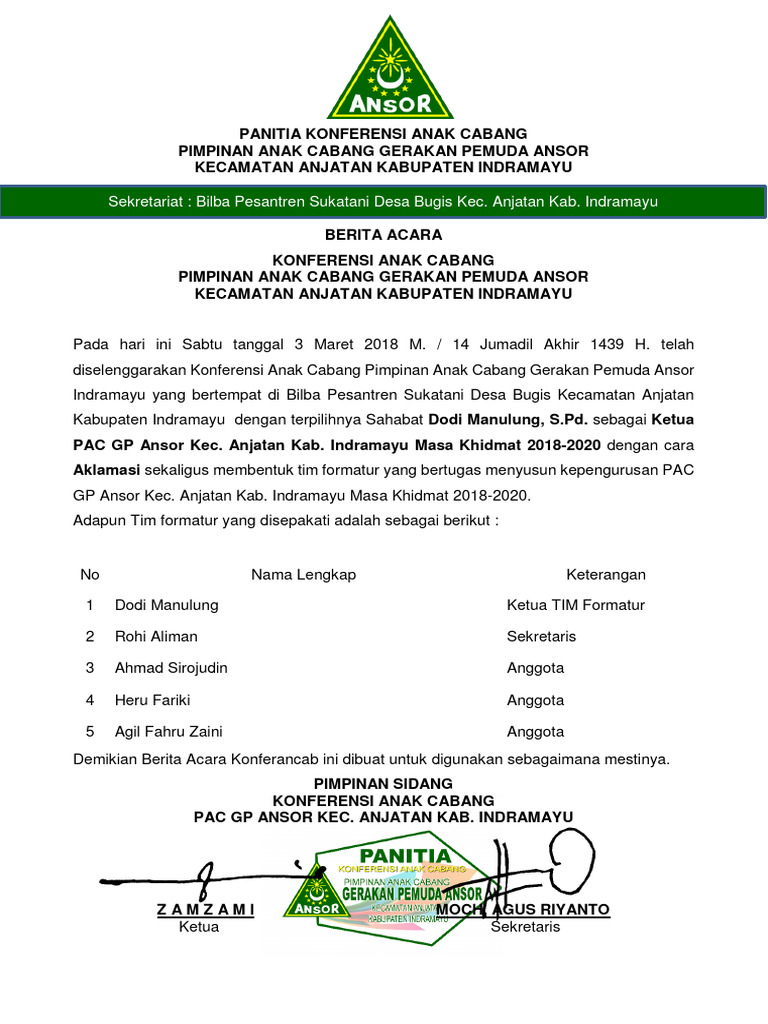 Berita Acara Konferancab Pac GP Ansor Anjatan 2018 | PDF | Karier ...