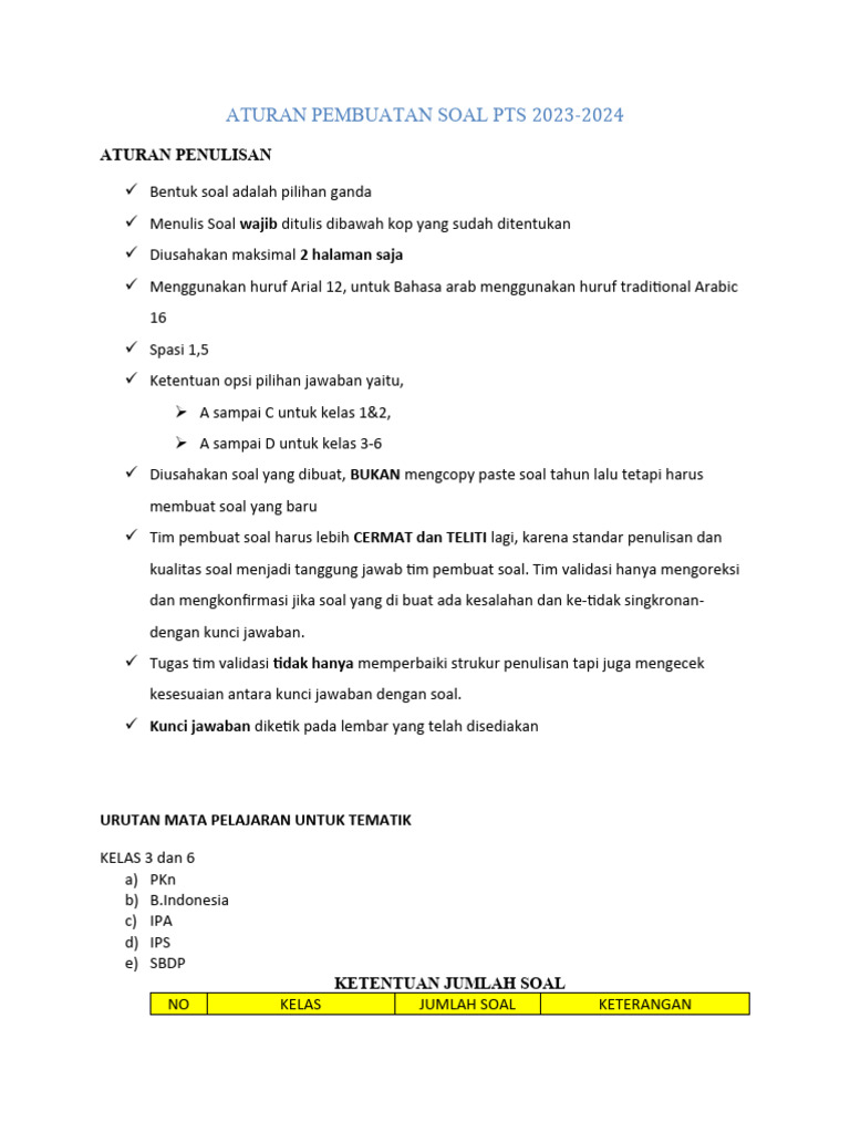 ATURAN PEMBUATAN SOAL PTS Ganjil 2023 | PDF
