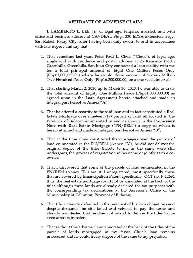 ADVERSE CLAIM - Mariquita Borja | PDF | Affidavit | Common Law