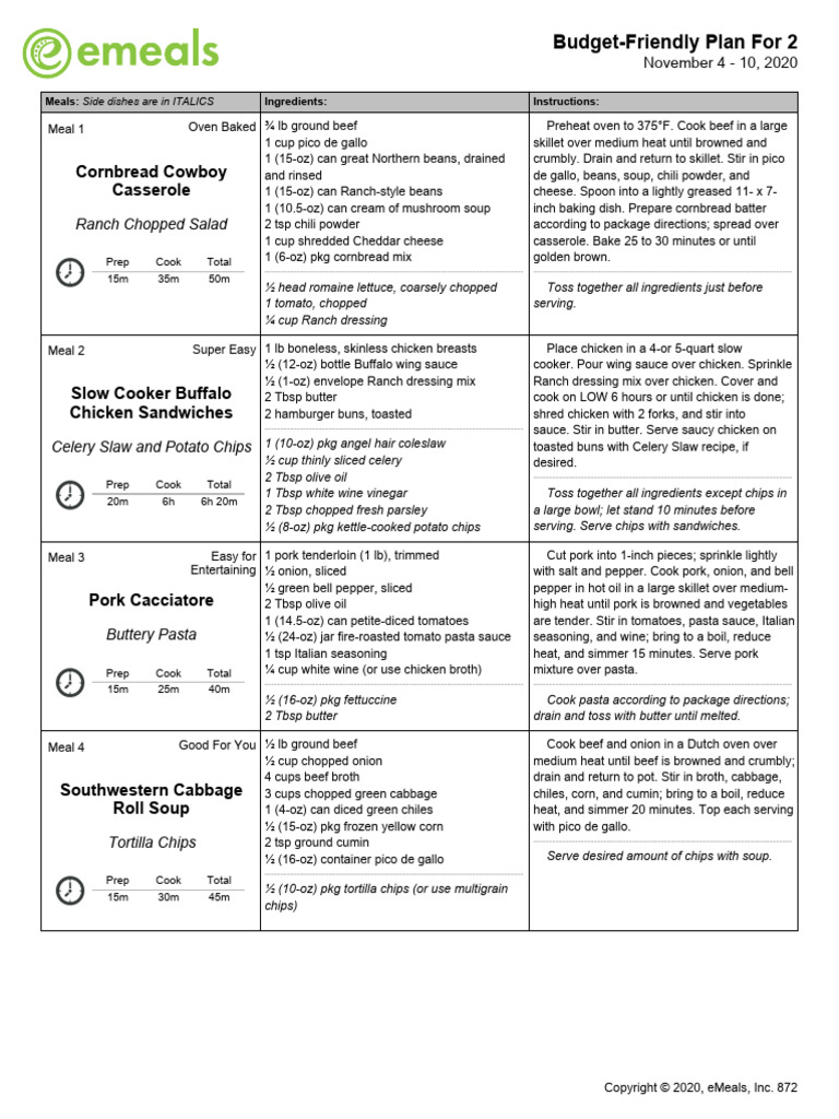 E-Meals - Budget Friendly 11.4 to 11.10.20 | PDF | Coleslaw | Pasta